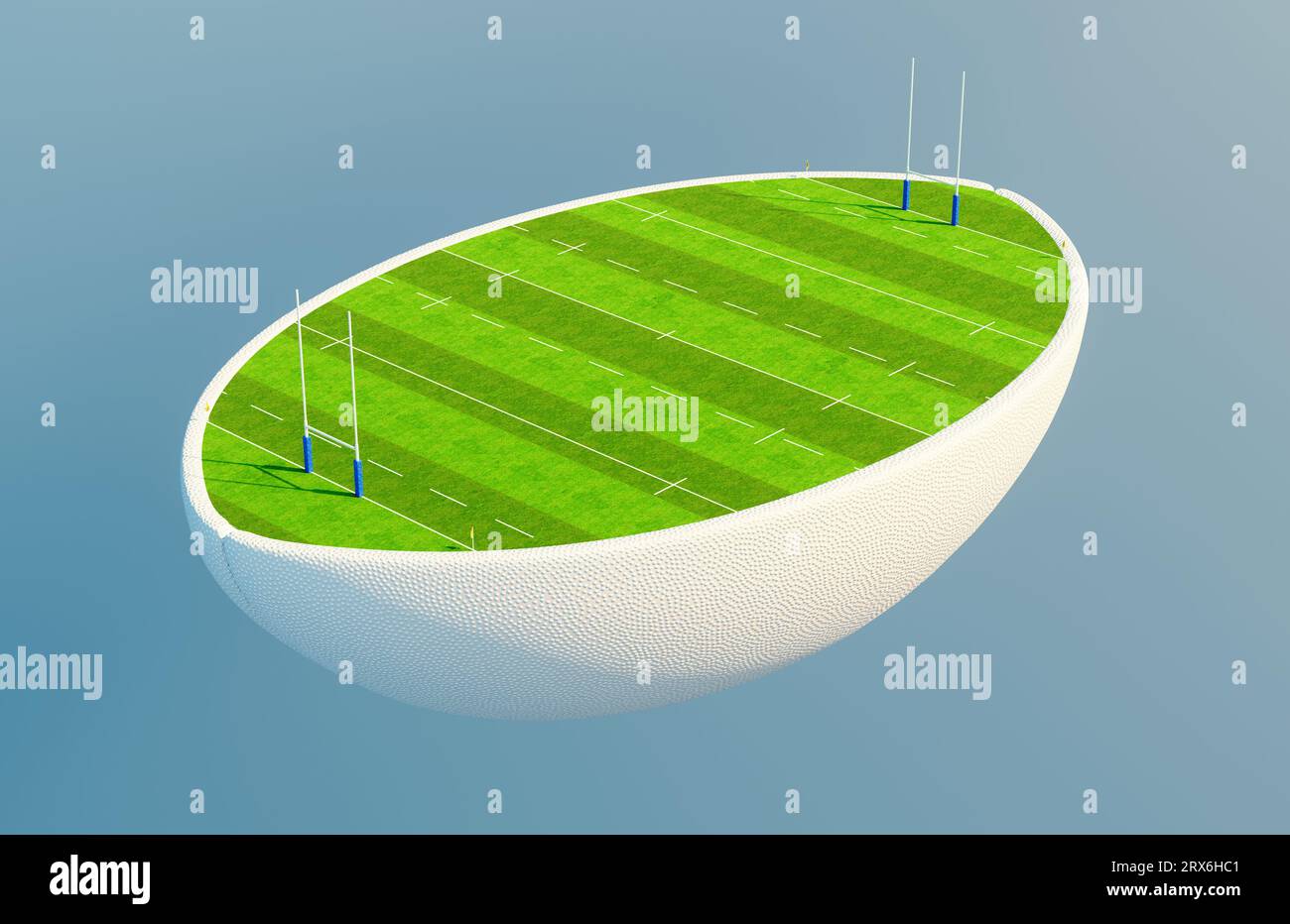 A rugby ball split in half revealing a marked green grass rugby pitch ...