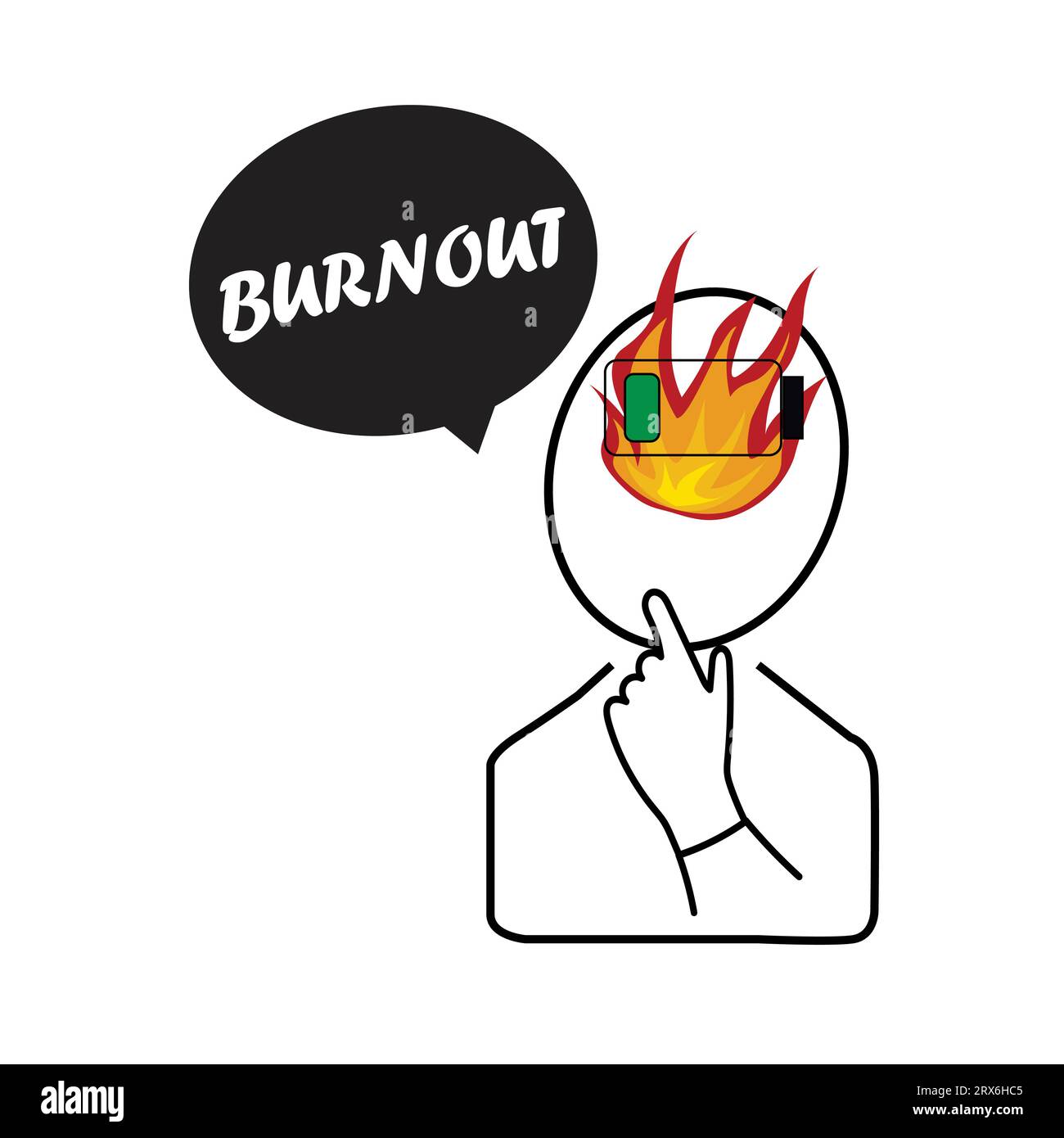 Person with a low battery and a fire flame in the head, burnout concept ...
