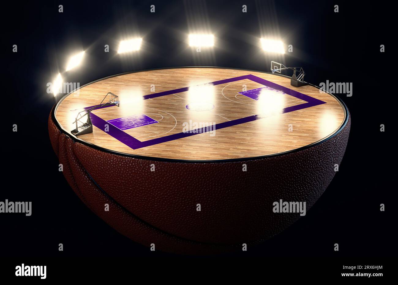 A basketball ball split in half revealing a marked wooden court with ...
