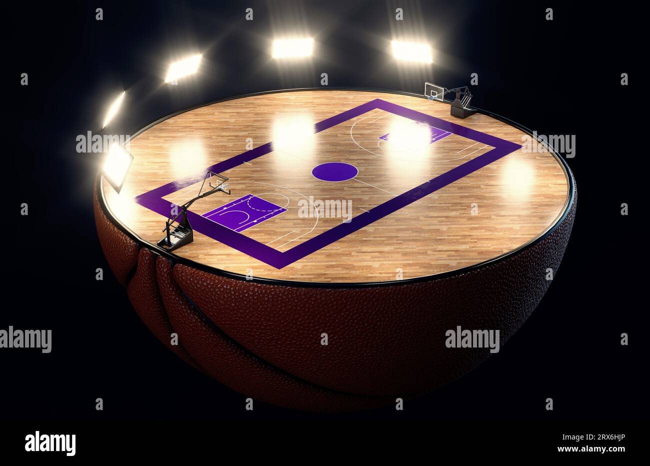 A basketball ball split in half revealing a marked wooden court with ...
