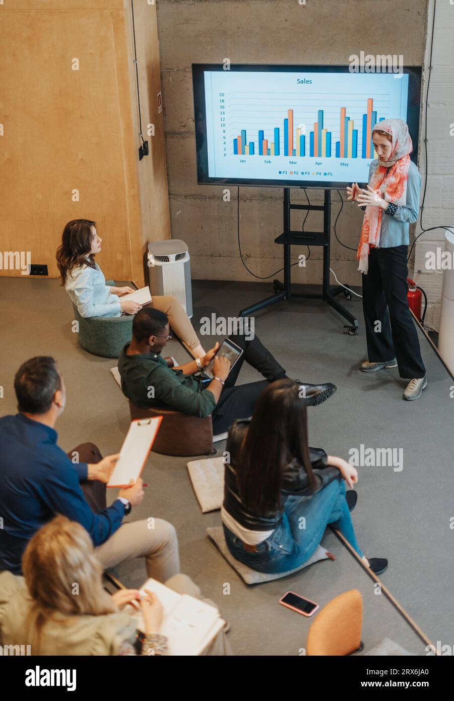 Sales presentation. Female worker wearing hijab presenting new project ...