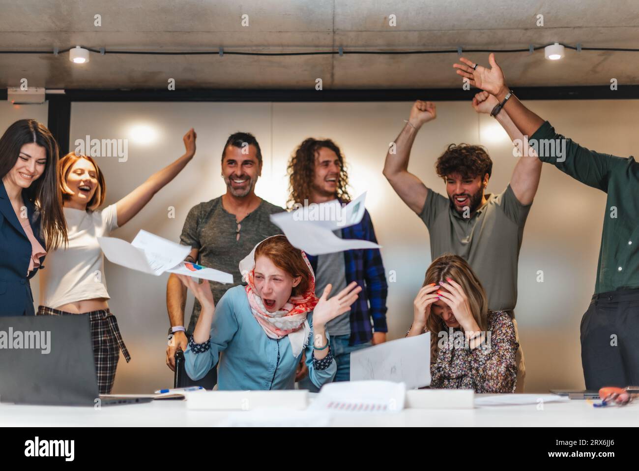 Happy, overjoyed, successful business team celebrating success ...