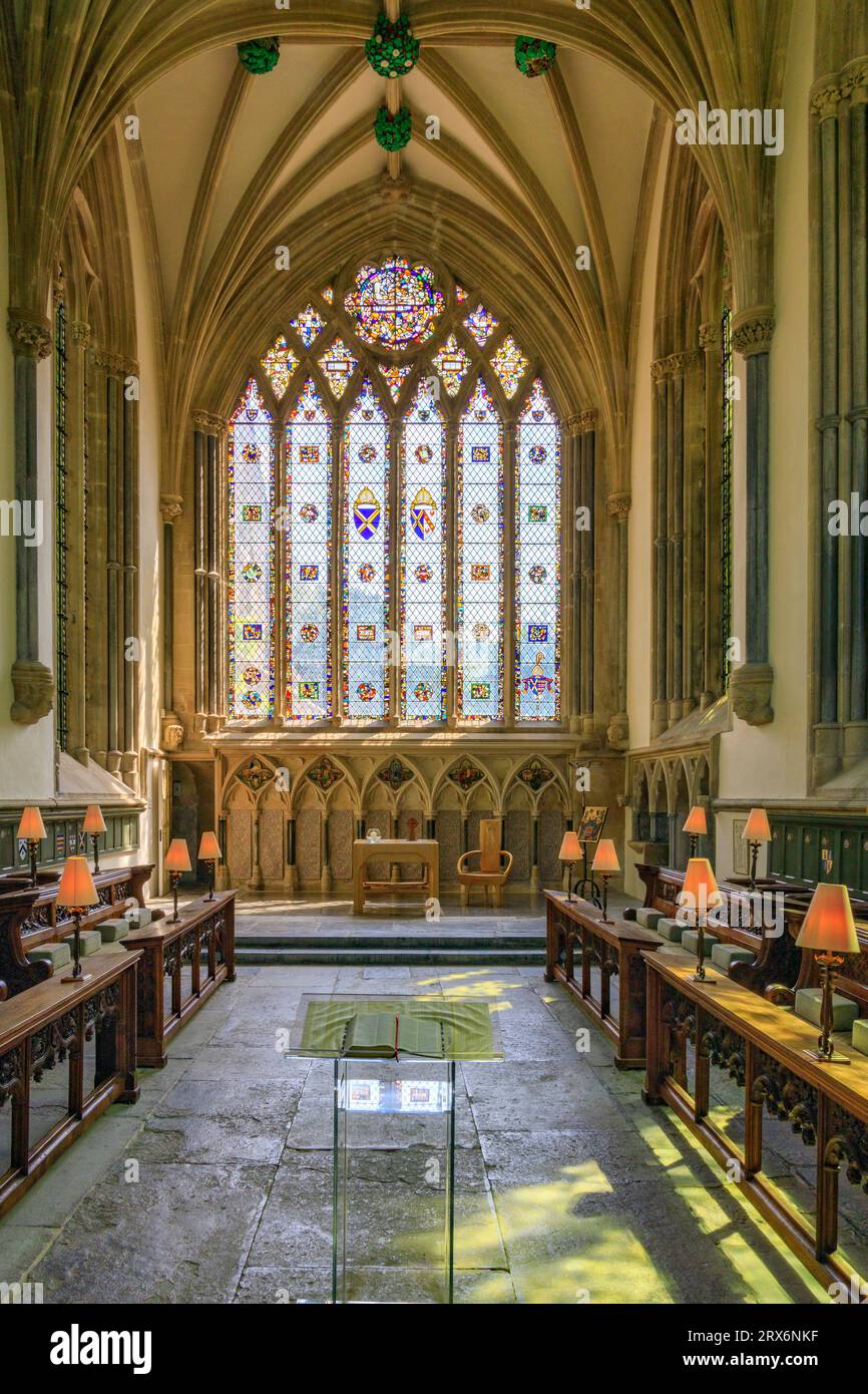 The interior of the small Bishop's Chapel and stained glass windows in ...