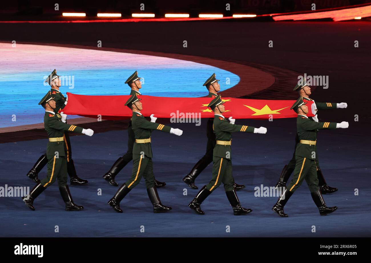 Hangzhou, China's Zhejiang Province. 23rd Sep, 2023. Flag bearers carry ...