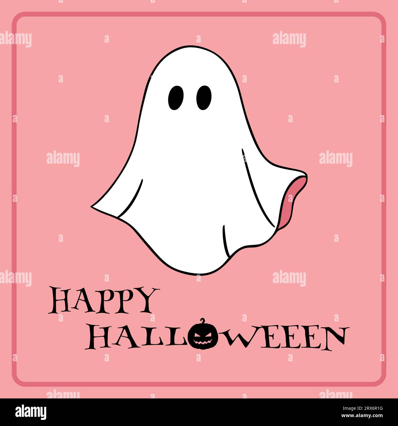Happy Halloween greeting card with a hand drawn ghost on pink ...