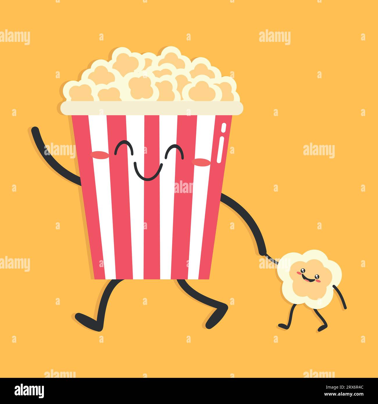 Cute cartoon popcorn character on yellow background. Popcorn walks ...