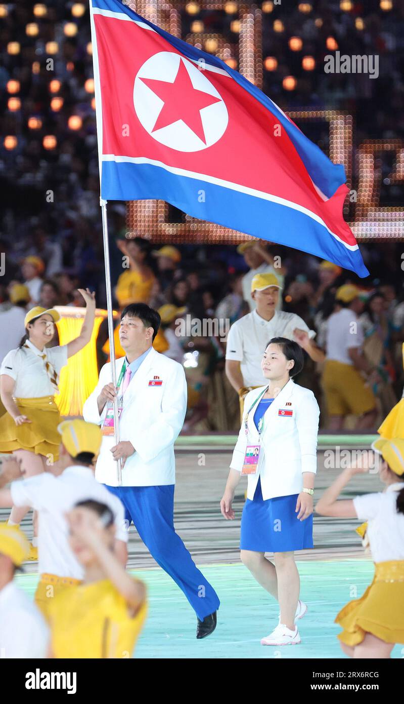 23rd Sep, 2023. N. Korean flag bearers at Asian Games opening North ...