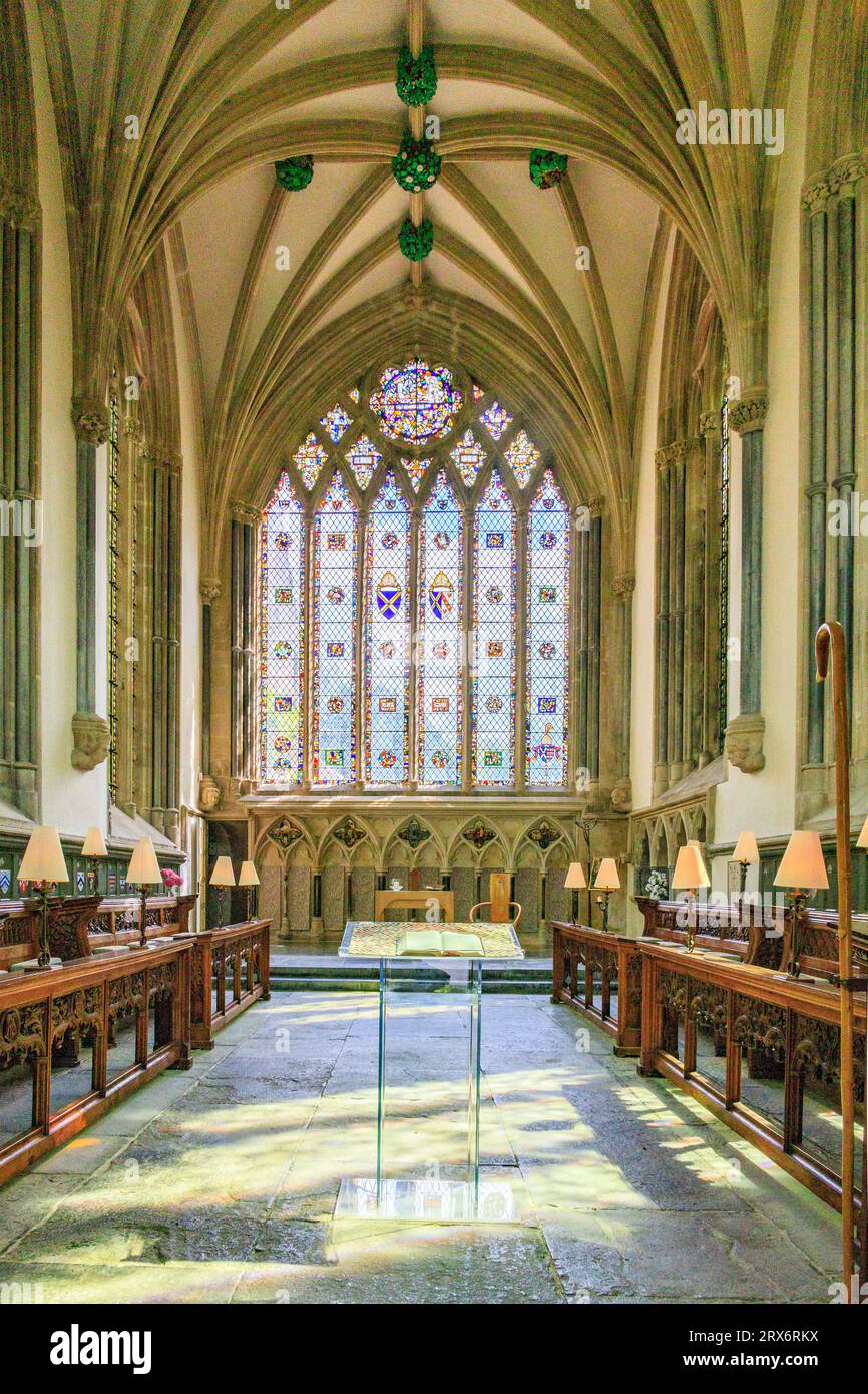 The interior of the small Bishop's Chapel and stained glass windows in ...