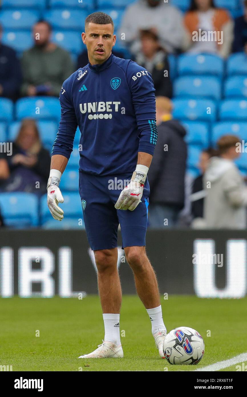 Karl Darlow #28 of Leeds United during the pre match warm up ahead of ...