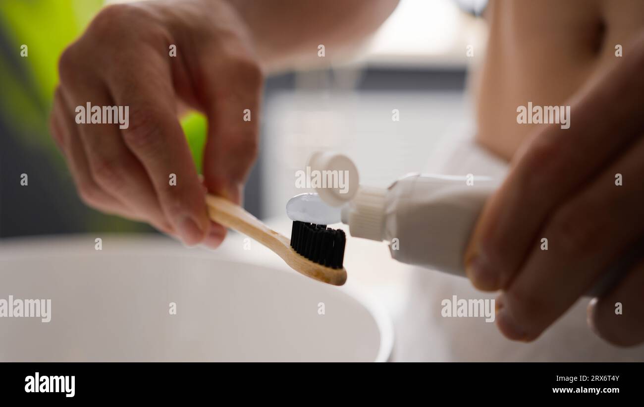 Close up male hands unrecognizable man guy squeeze medical whitening ...