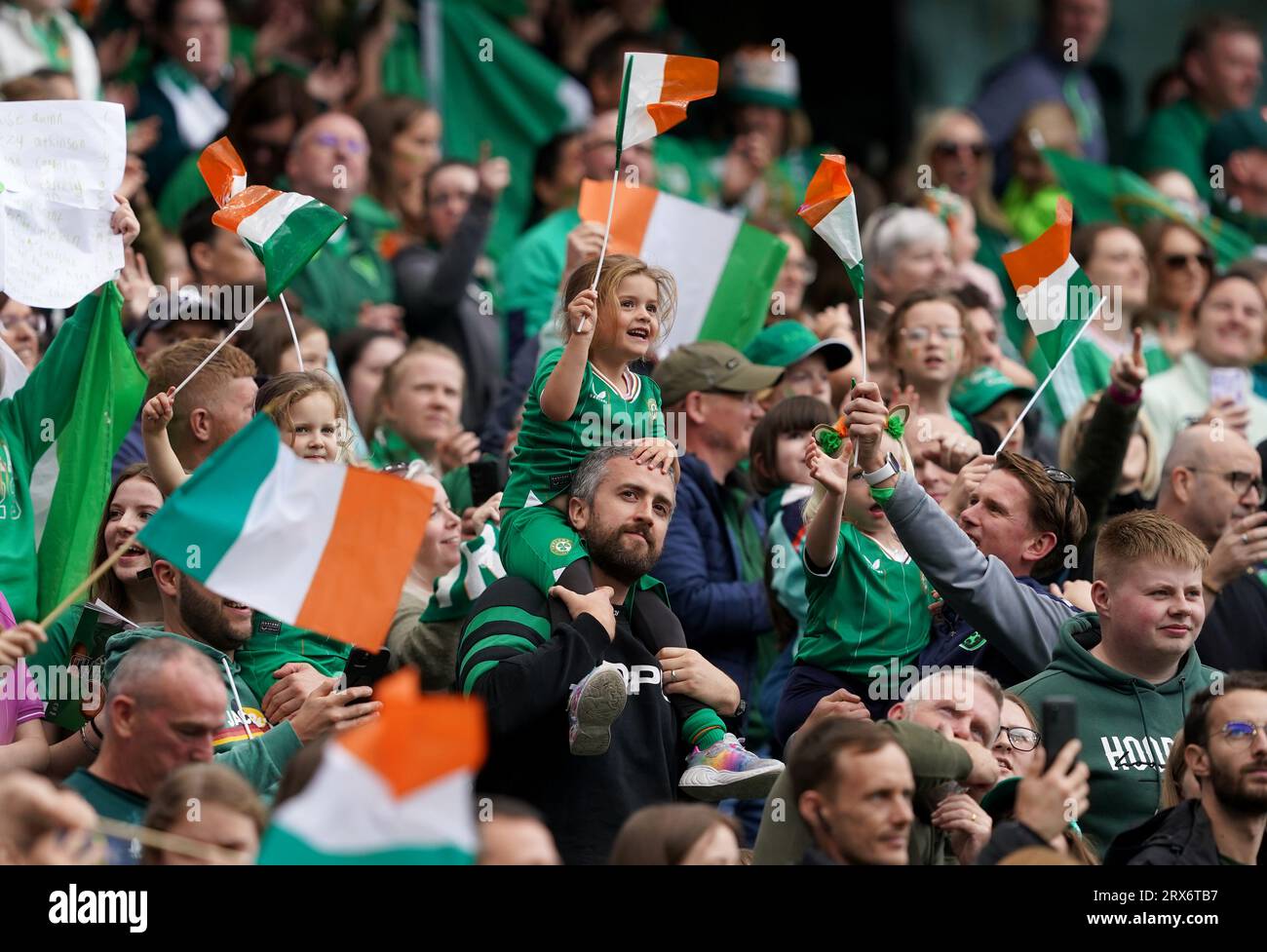 Republic of Ireland fans celebrate their third goal in the stands ...
