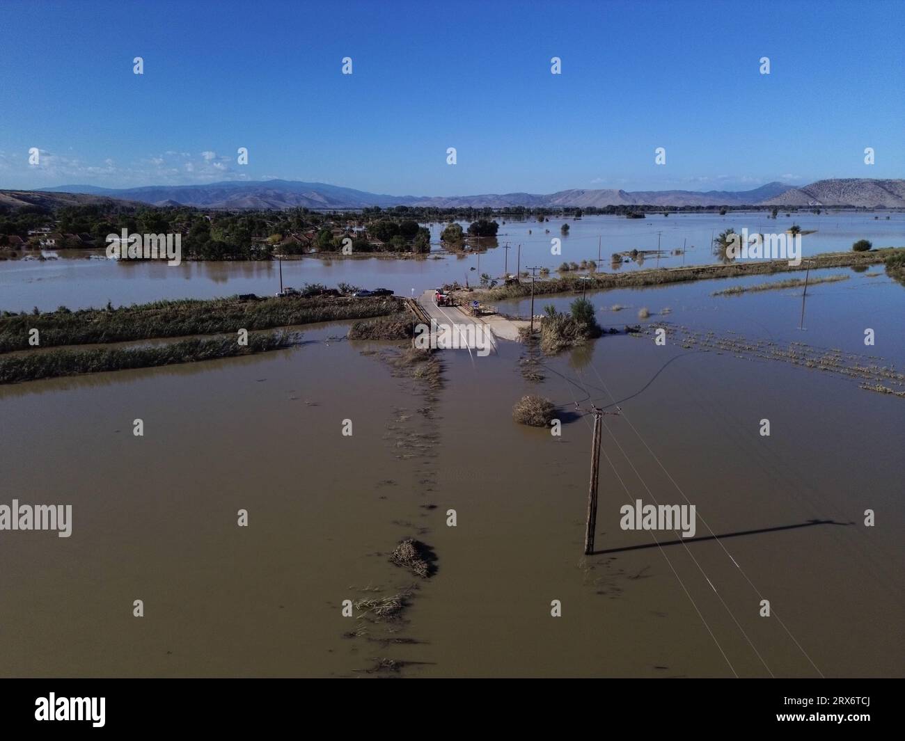 Karditsa, Greece - 11 September 2023. Aerial view of a flooded road in ...