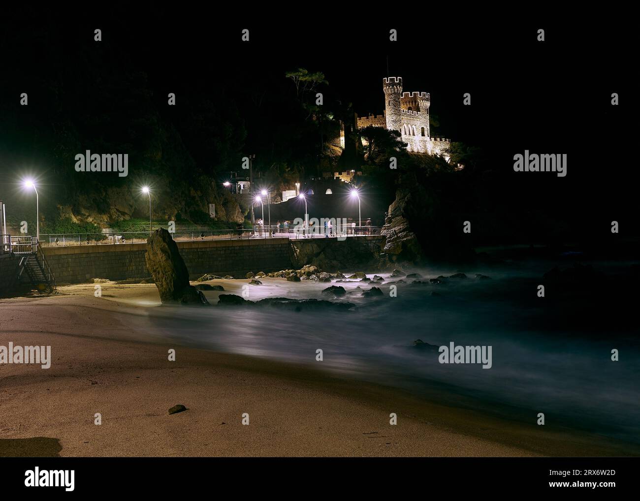 Night castle and. city beach in the Lloret de Mar, Catalonia, Spain ...