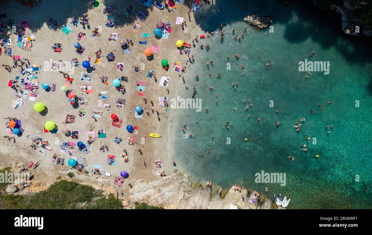 Picture dated June 25th shows a drone image of busy beach in Cala Pi in ...