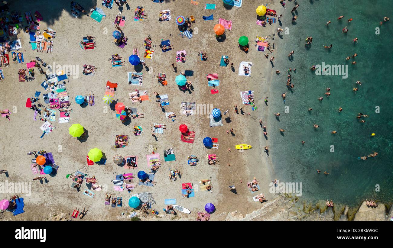 Picture dated June 25th shows a drone image of busy beach in Cala Pi in ...