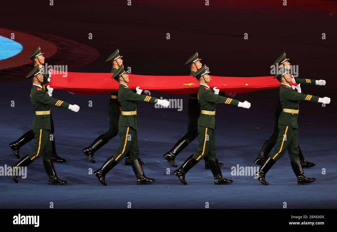 Hangzhou, China's Zhejiang Province. 23rd Sep, 2023. Flag bearers carry ...