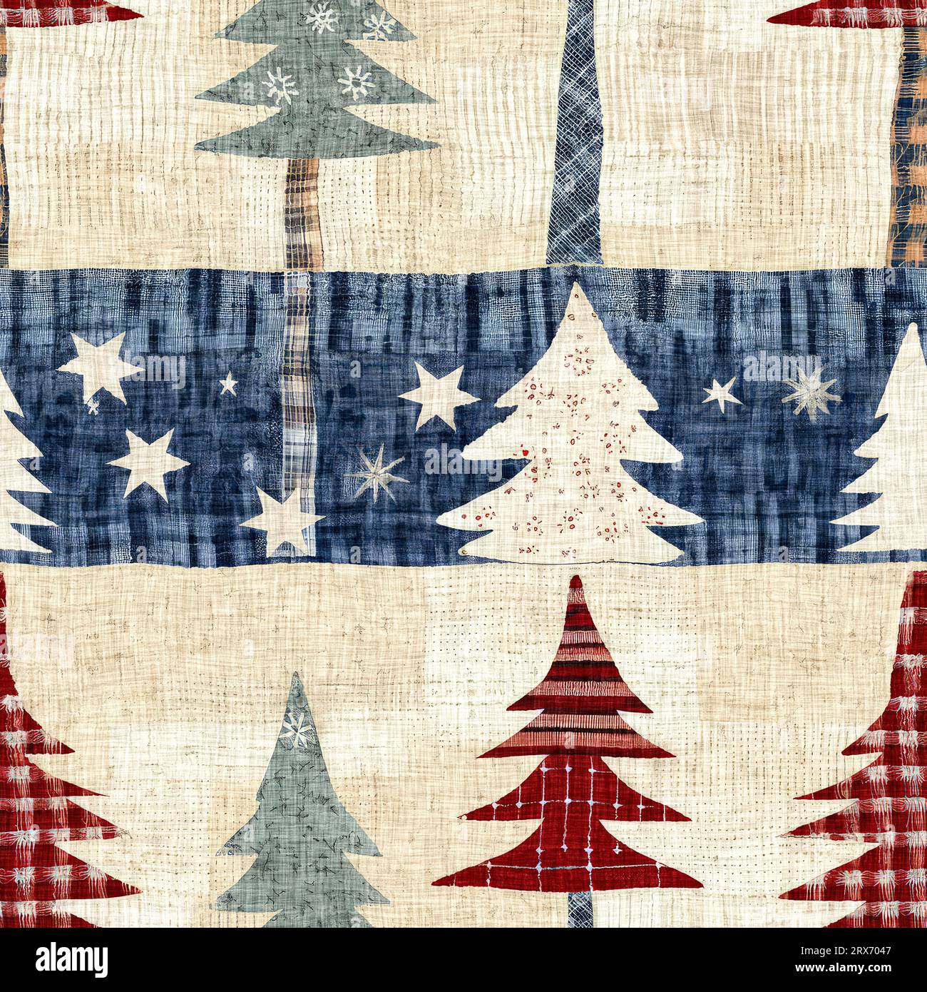 Old-Fashioned christmas tree with primitive hand sewing fabric effect ...