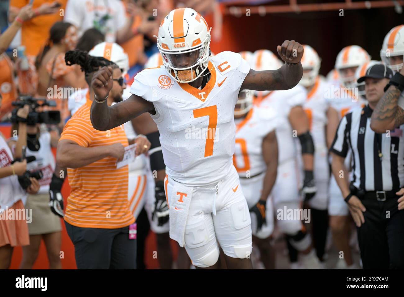 Tennessee quarterback Joe Milton III (7) runs onto the field with the ...