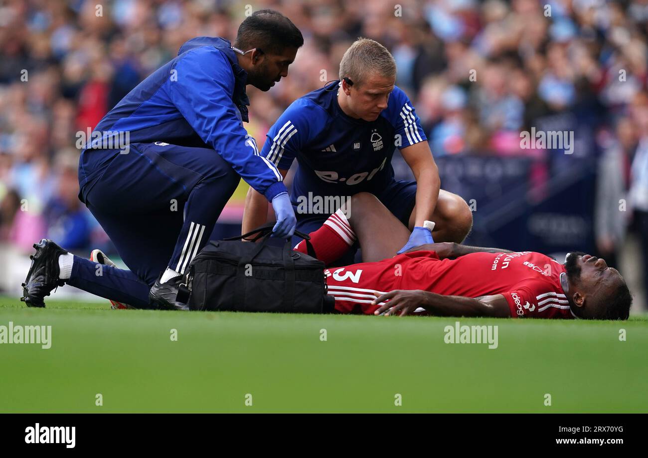 Nottingham Forest's Nuno Tavares receives treatment for a possible ...