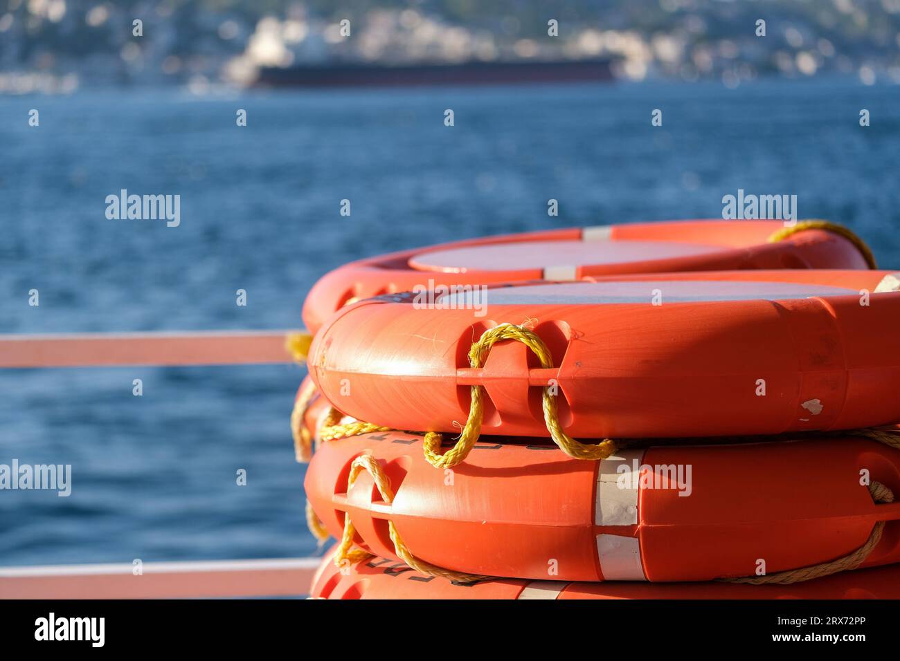 Lifebuoy lifesaver emergency equipment inside boat with sea background ...