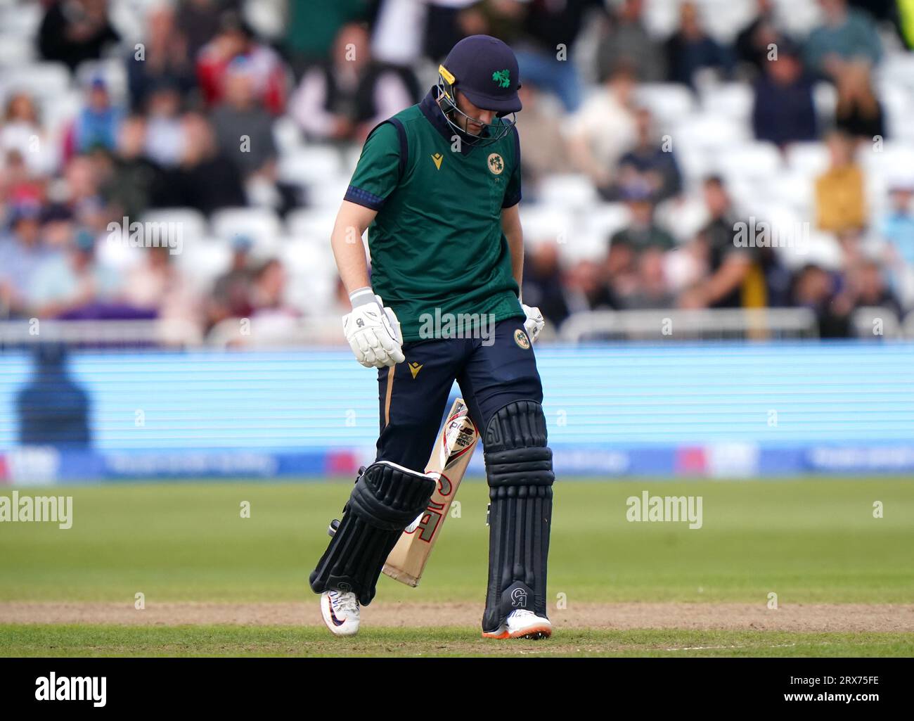 Ireland's Lorcan Tucker walks after being caught out by England's Ben ...