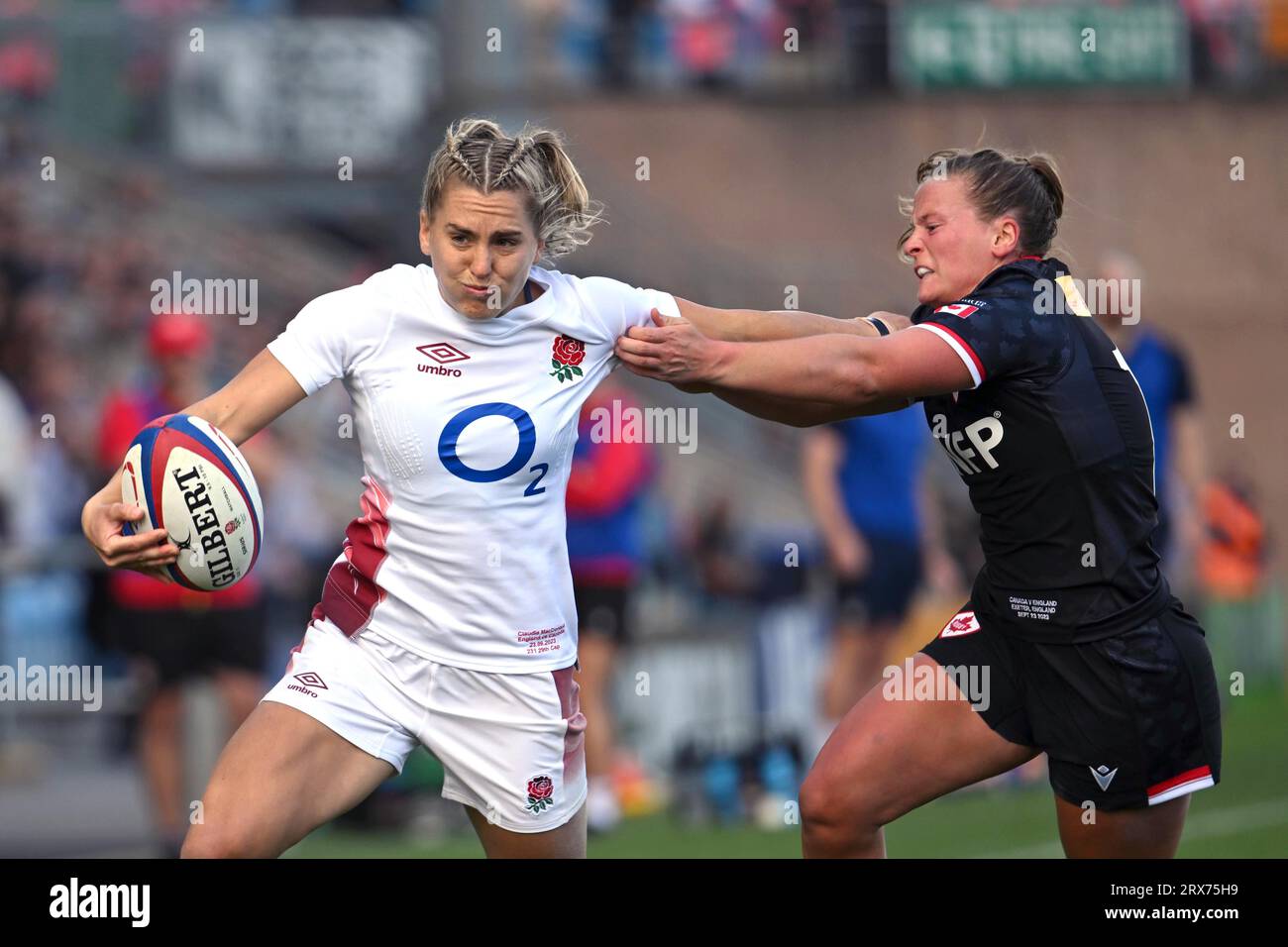 England's Claudia MacDonald (left) in action during the first test ...