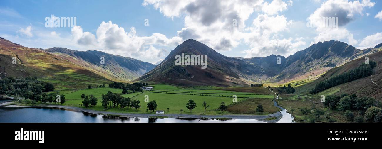 aerial panorama of buttermere looking east from the shore towards ...