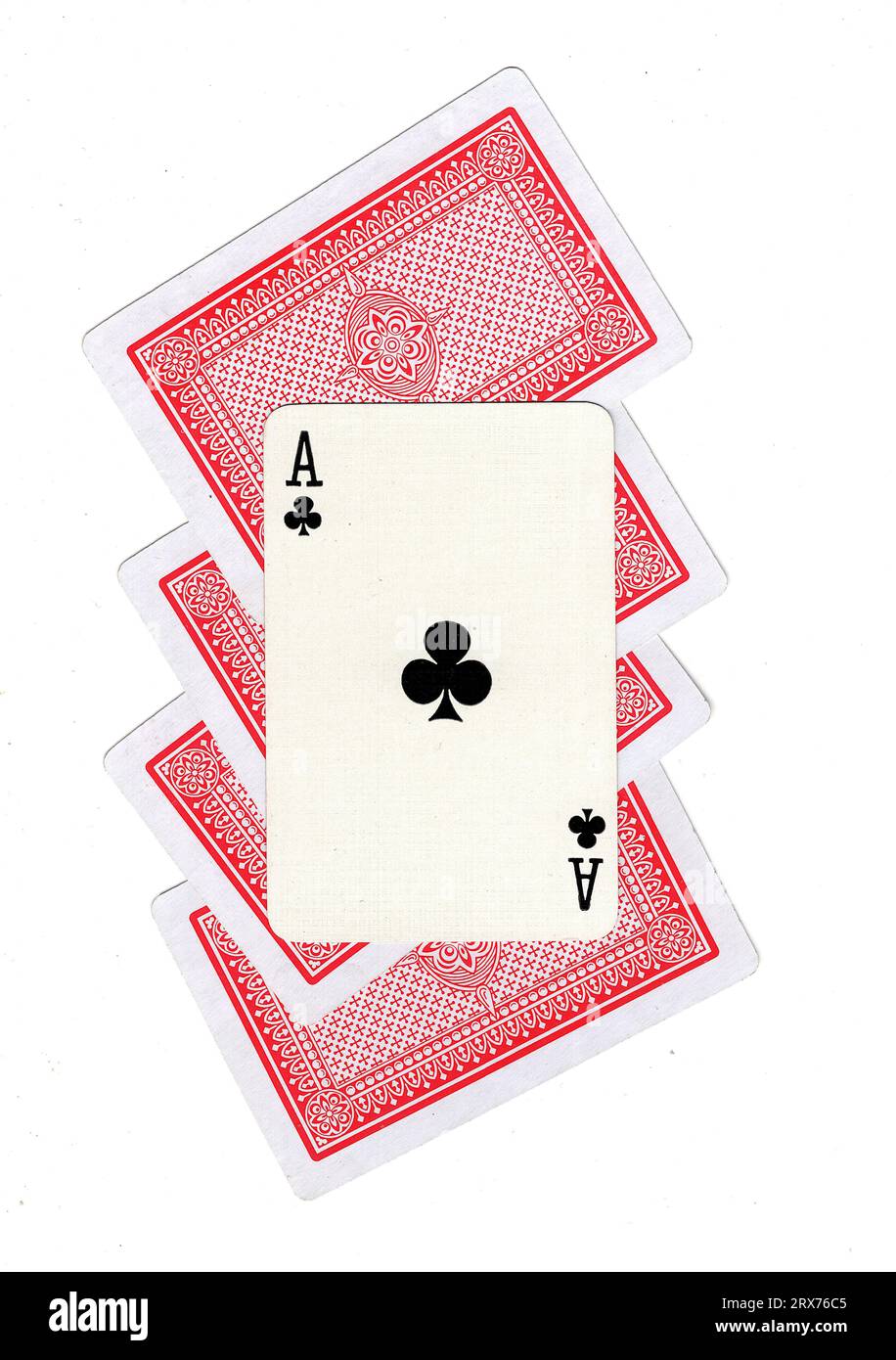 A montage of vintage playing card backs with the ace of clubs revealed ...