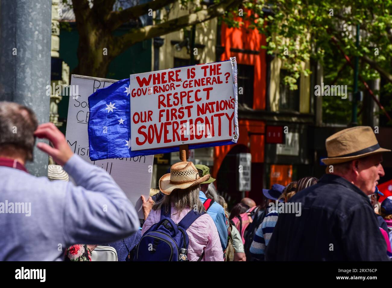 Melbourne, Australia. 23rd Sep, 2023. An activist holds a placard ...