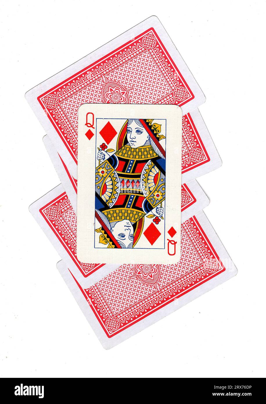 A montage of vintage playing card backs with the queen of diamonds ...