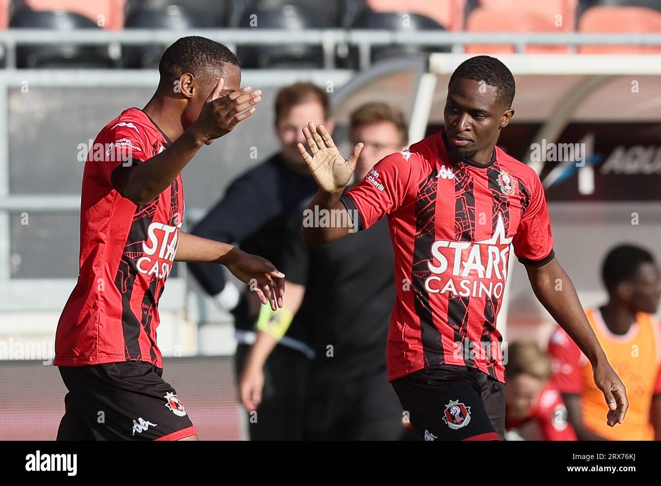 Seraing, Belgium. 23rd Sep, 2023. Seraing's Gerald Kilota celebrates ...