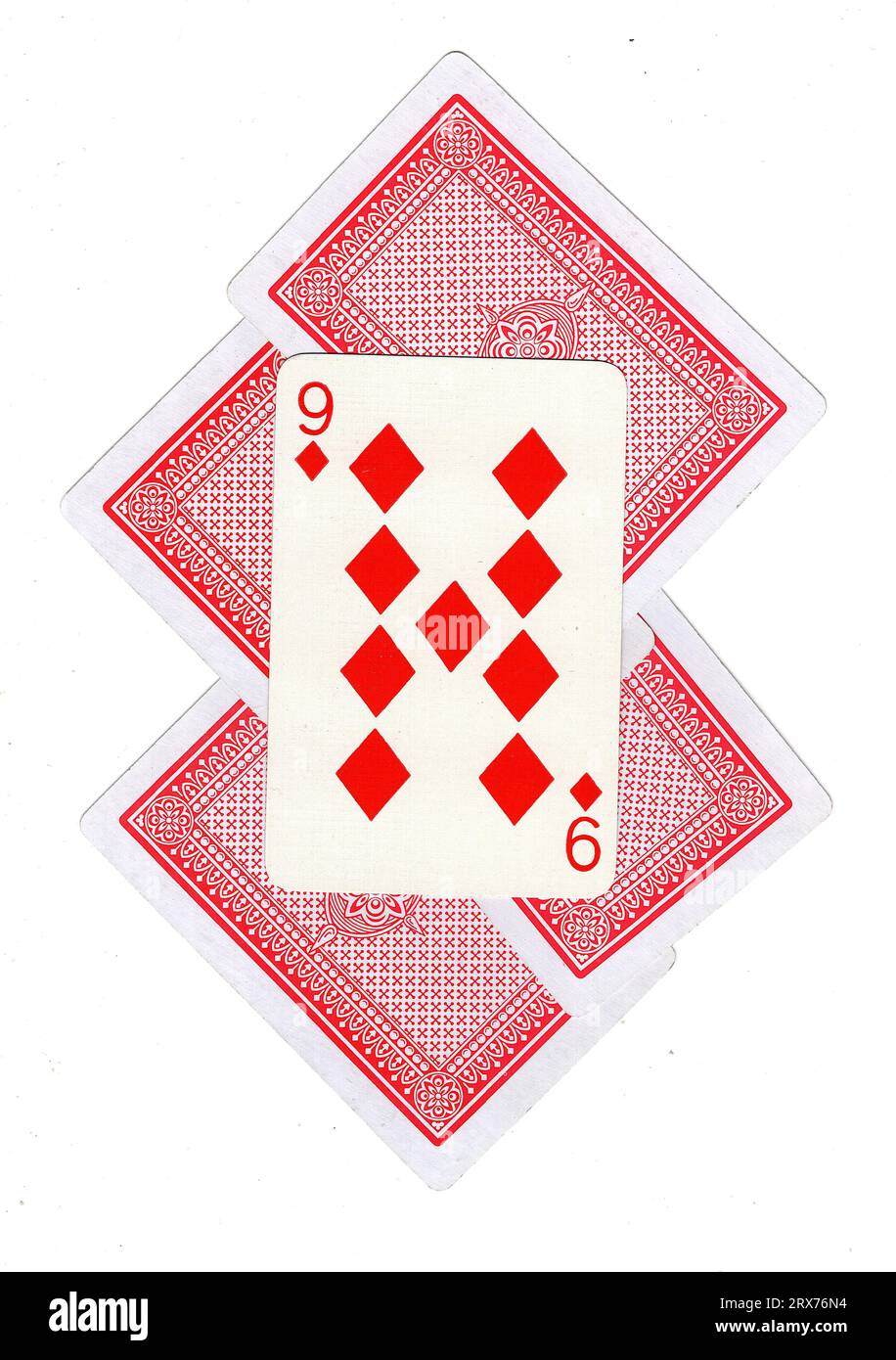A montage of vintage playing card backs with the nine of diamonds ...