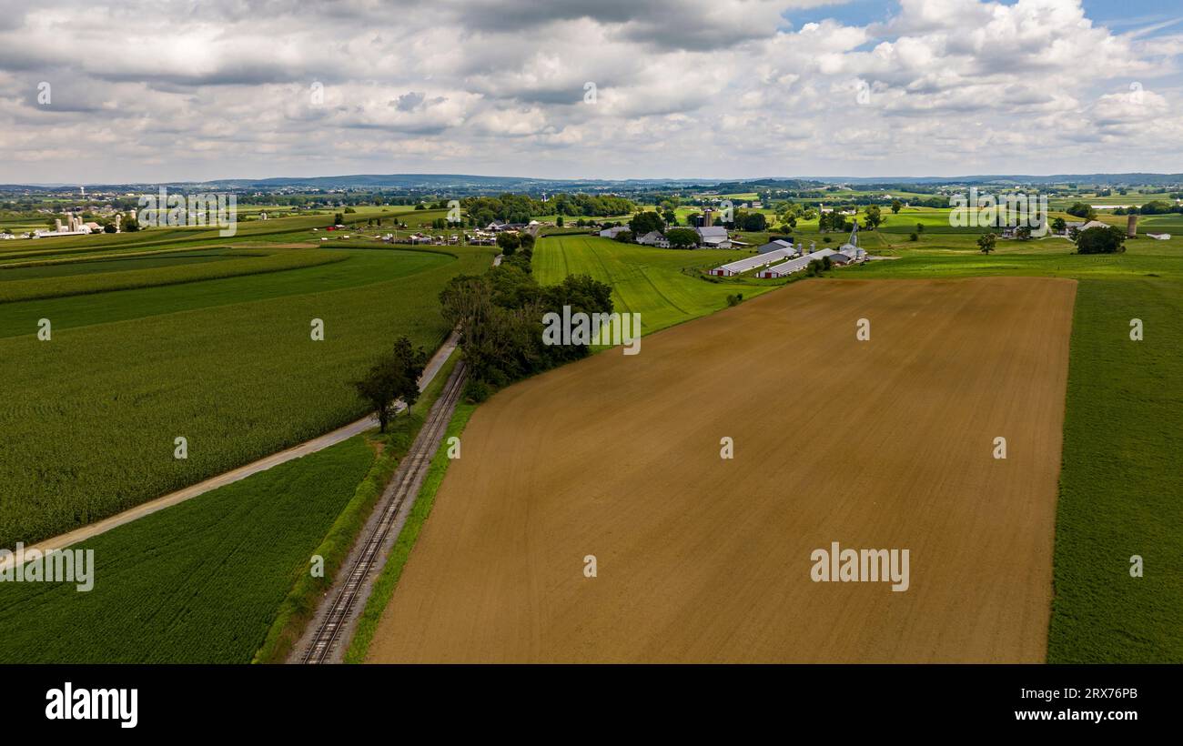 An Aerial View of Rural America, with Farmlands and a Single Rail Road ...