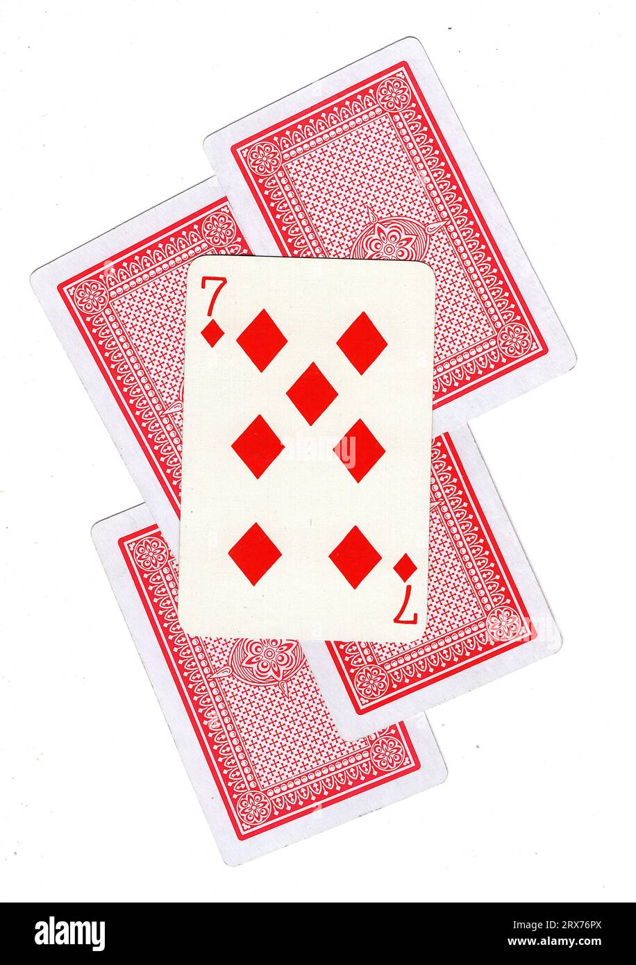 A montage of vintage playing card backs with the seven of diamonds ...