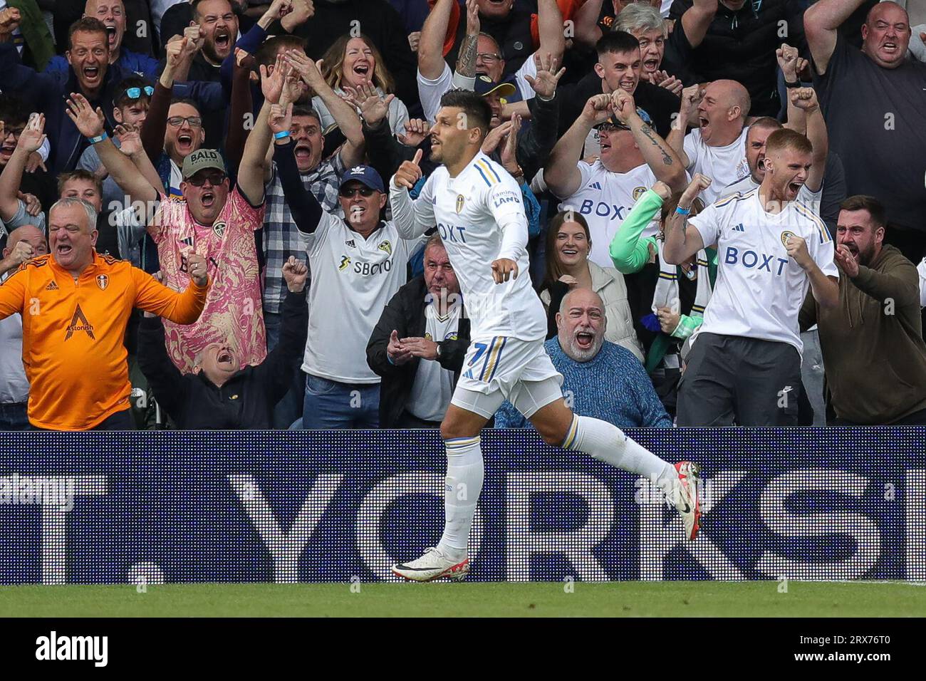 Joël Piroe #7 of Leeds United celebrates his goal and makes it 1-0 ...