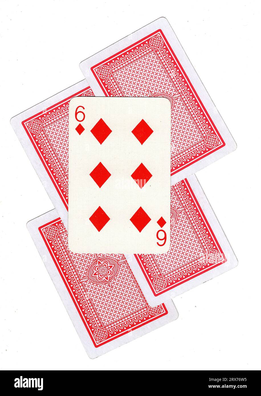 A montage of vintage playing card backs with the six of diamonds ...