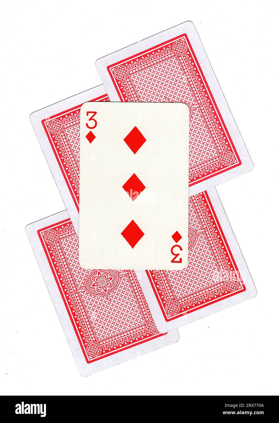 A montage of vintage playing card backs with the three of diamonds ...