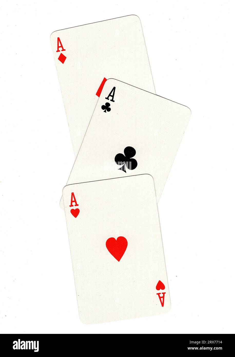 Vintage playing cards showing three aces on a white background Stock ...
