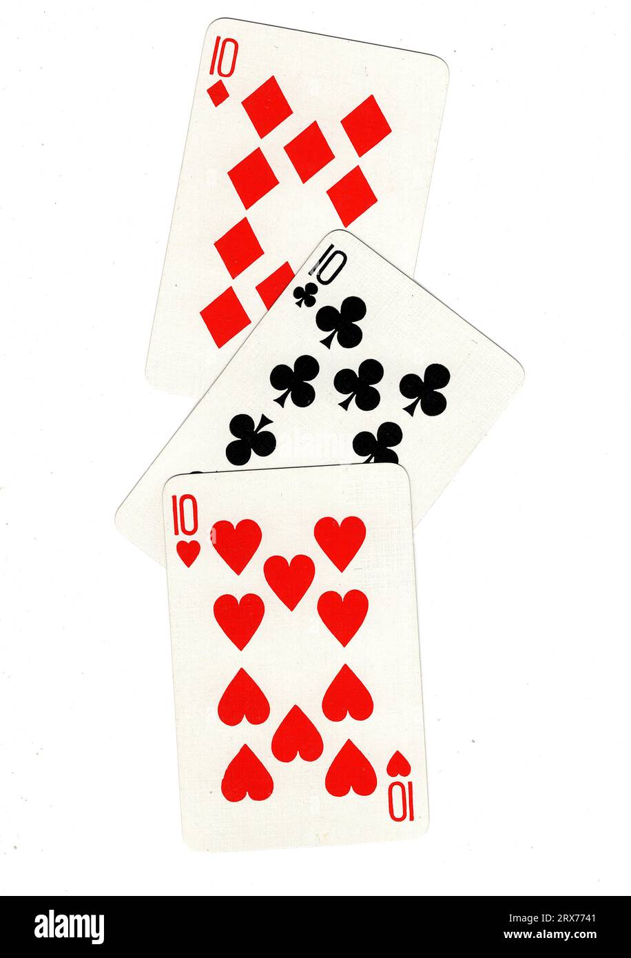 Vintage playing cards showing three tens on a white background Stock ...