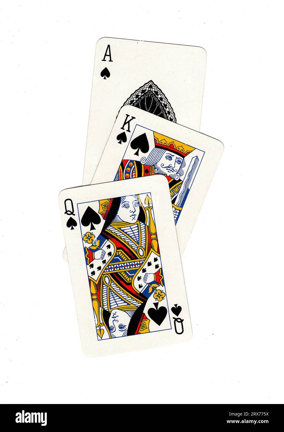 A hand of vintage playing cards featuring a queen, king and ace of ...