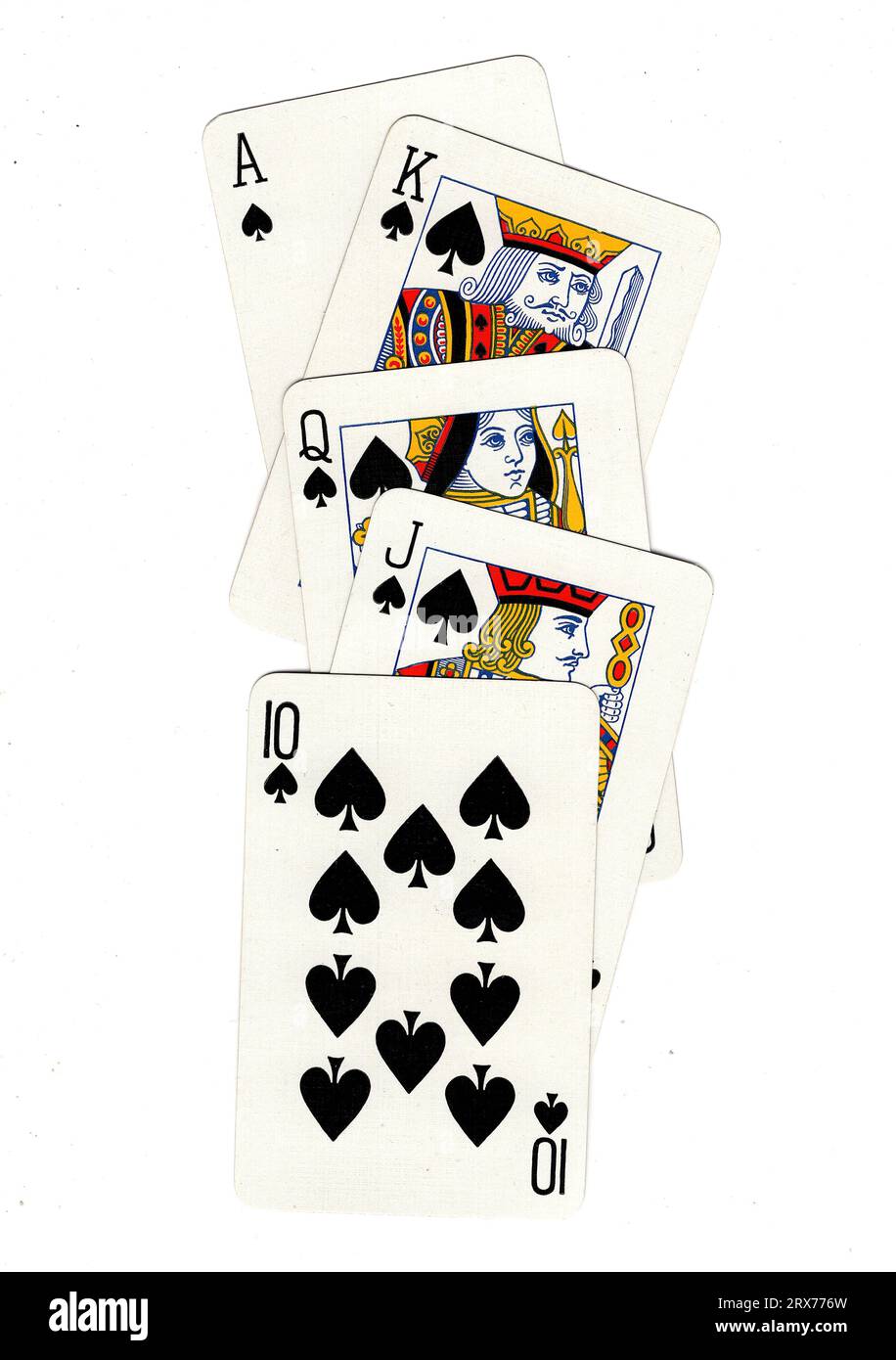 A hand of vintage poker playing cards featuring a royal flush of spades ...