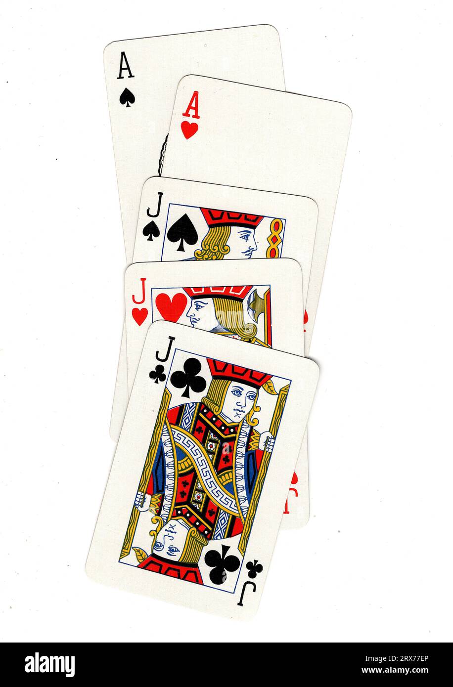 A hand of vintage poker playing cards featuring a full house of aces ...
