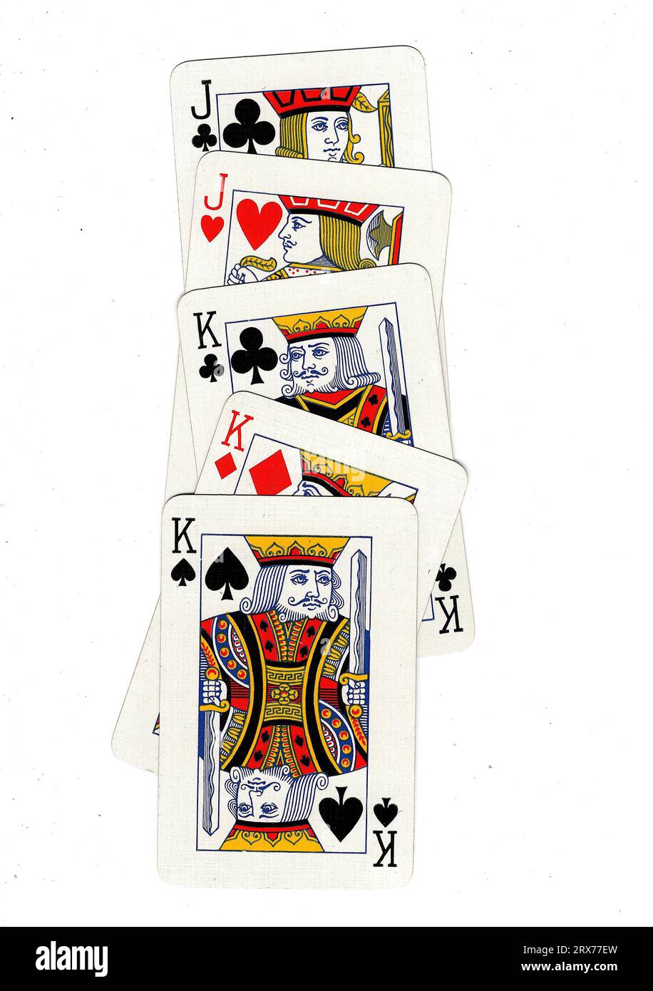 A hand of vintage poker playing cards featuring a full house of kings ...