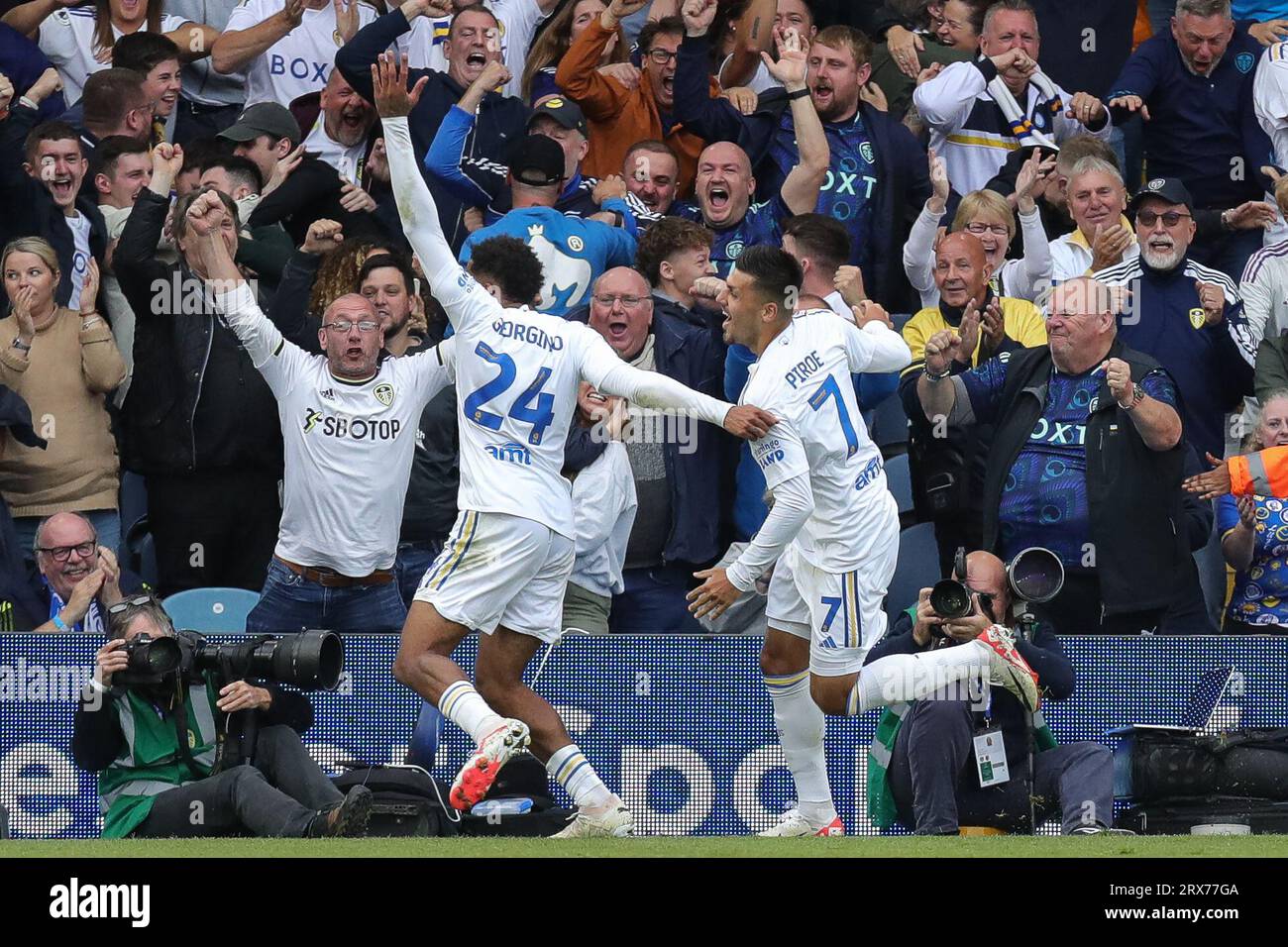 Joël Piroe #7 of Leeds United celebrates his goal with Georgina Rutter ...
