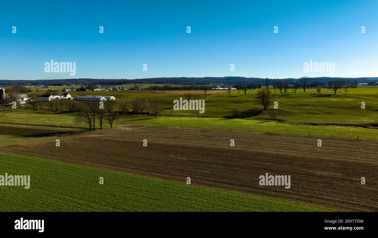 An Aerial View of Amish Farmlands in Autumn Stock Photo - Alamy