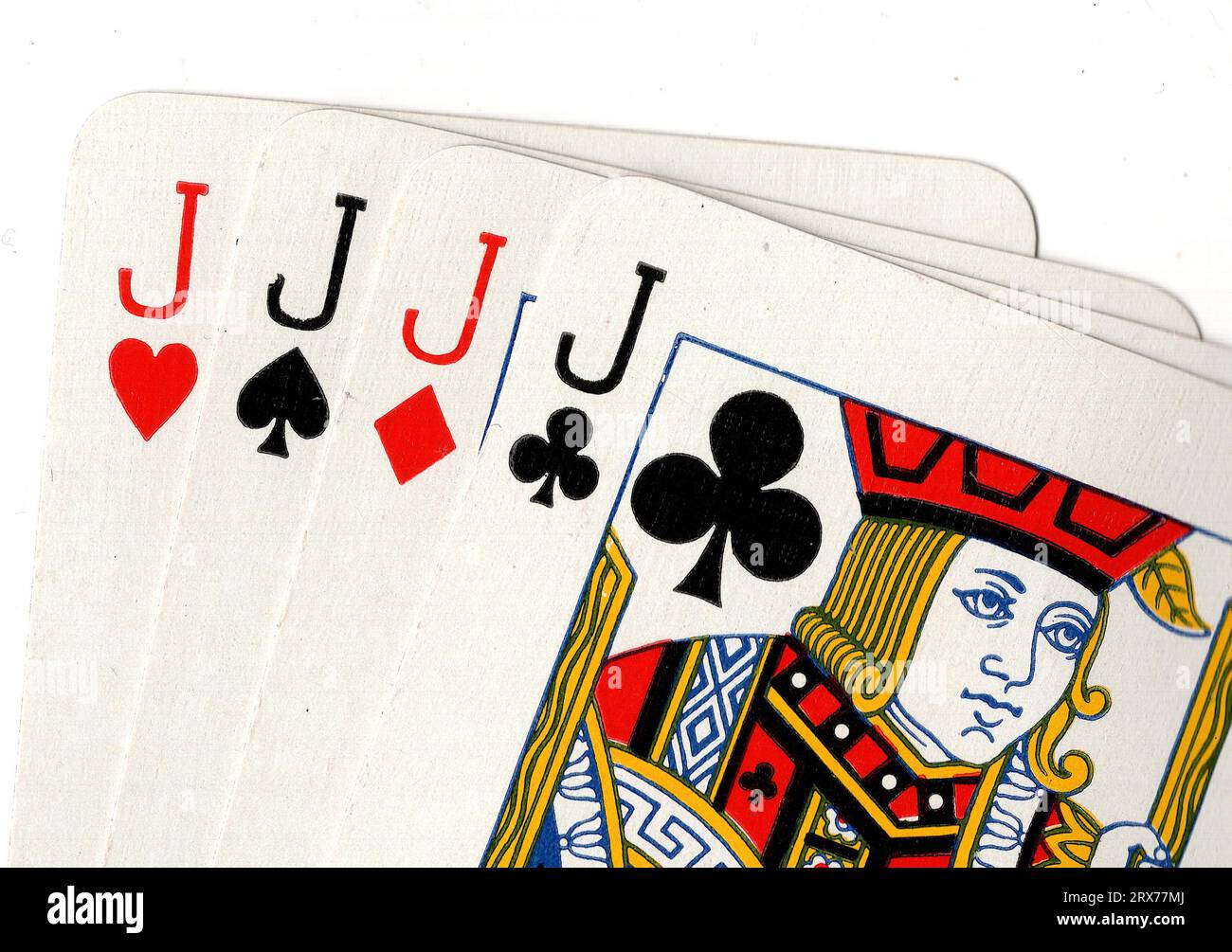 Vintage playing cards showing four jacks on a white background Stock ...