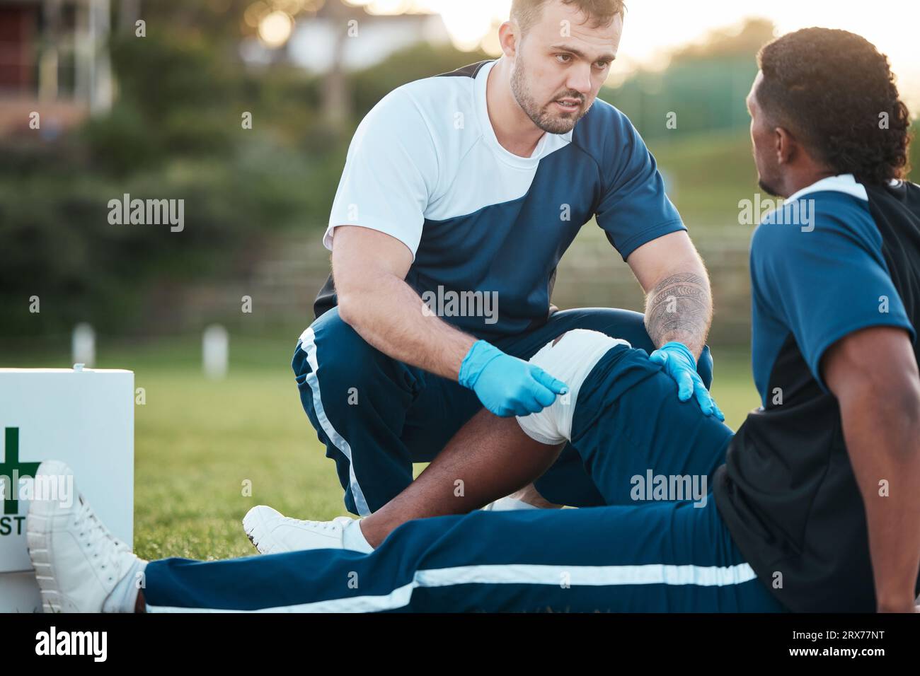 Sports, injury and man with bandage for accident, emergency and first ...