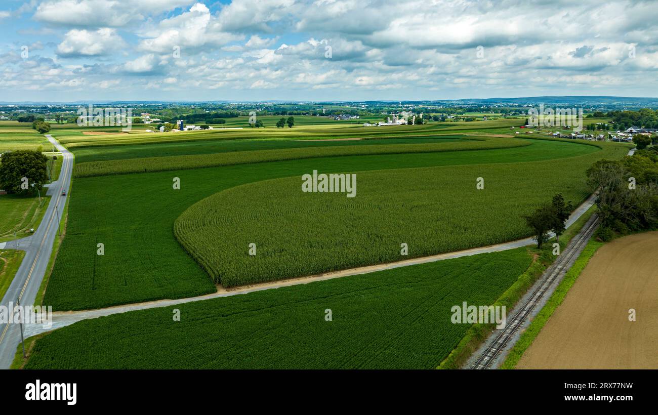An Aerial View of Rural America, with Farmlands and a Single Rail Road ...