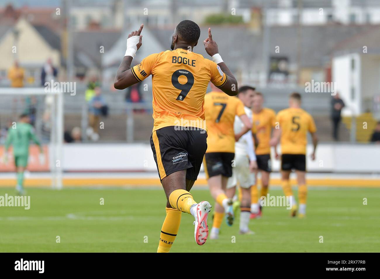 Newport, UK. 23rd Sep, 2023. Omar Bogle of Newport County celebrates ...