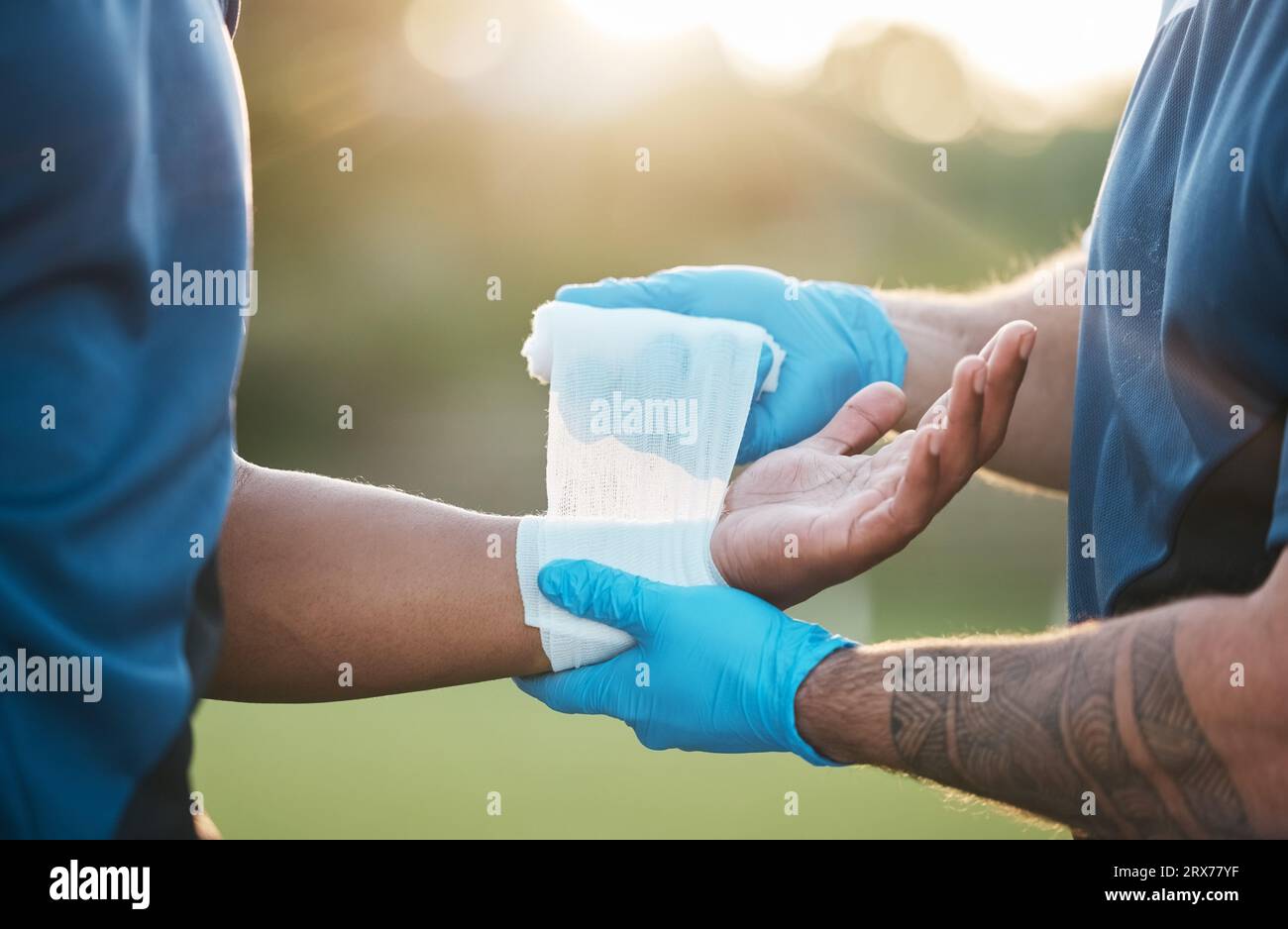 Sports, injury and man with bandage on wrist for accident, emergency ...